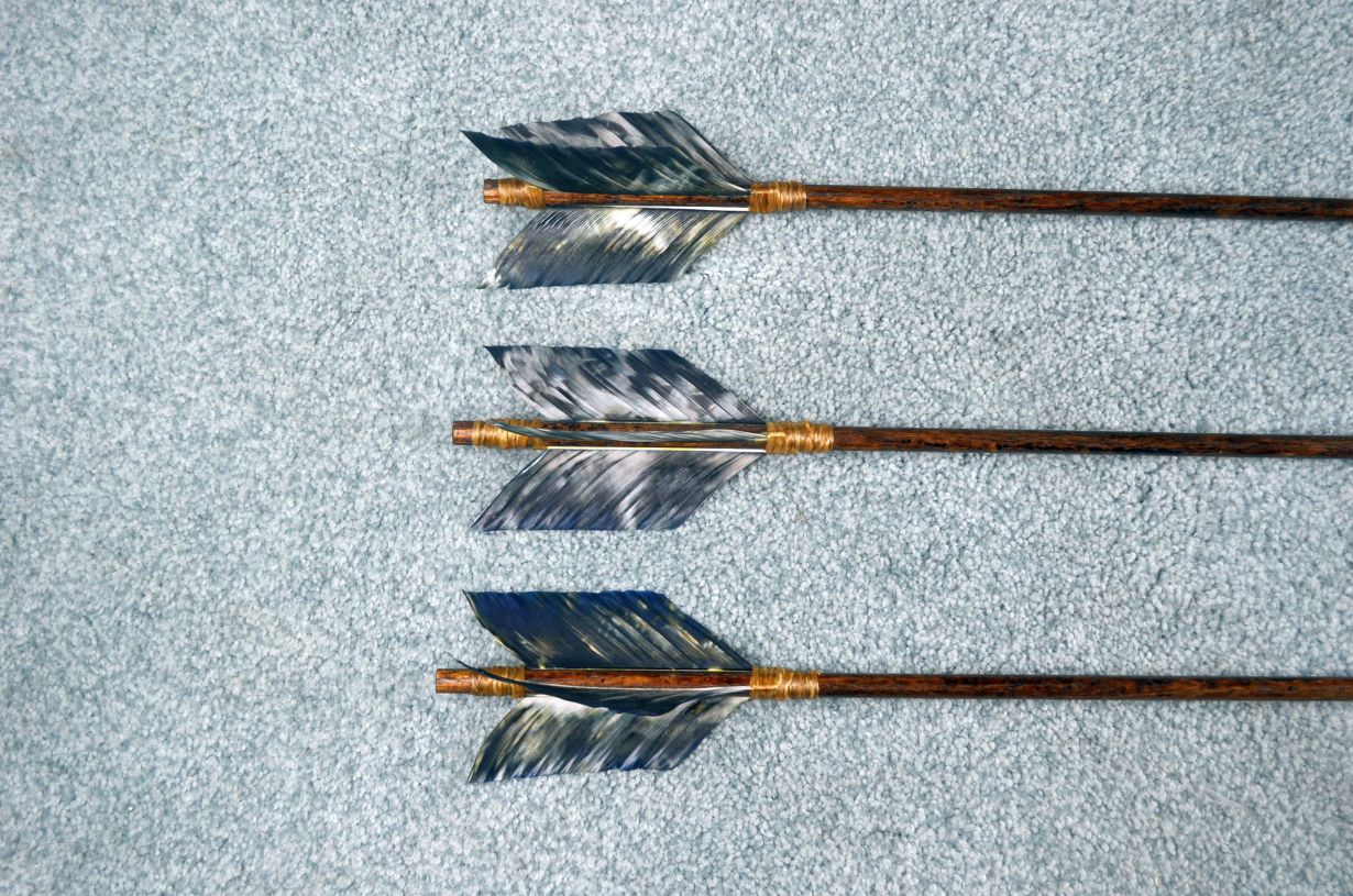 30 inch Arrow, Bone Tip, Black Spotted Fletching